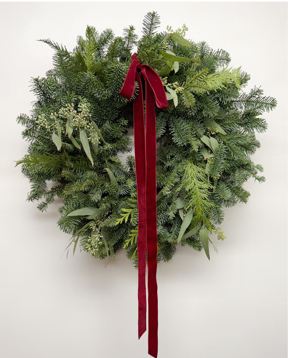 Bow and bough fresh Christmas wreath – The Gathering Garden